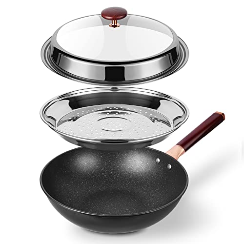Kseroo 12.5” Woks & Stir-Fry Pans with Lid Steamer, Nonstick Ceramic Wok Pan with Lid, Deep Large Induction Hard Anodized Frying Wok, Carbon Steel Wok Set Flat Bottom, Large Saute Pan Set