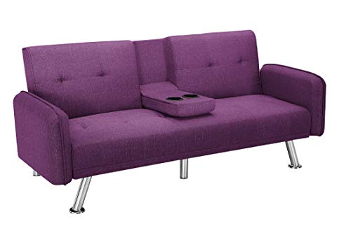 Good Sleeper Sofa Couch Convertible Twin Size Futon Sofa Bed for Small Rooms Office Gust Room, Metal Chrome Middle Legs (Fabric Purple)