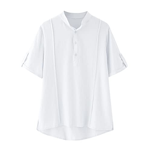 FAMOORE Mens Spring and Summer Beach Solid Color Short Sleeved Shorts Cotton and Linen Suit Two Piece White
