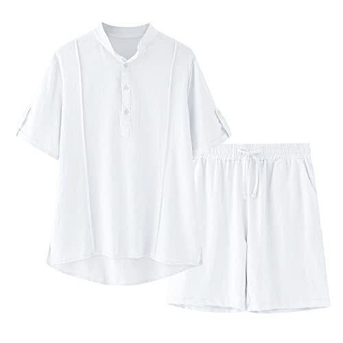 FAMOORE Mens Spring and Summer Beach Solid Color Short Sleeved Shorts Cotton and Linen Suit Two Piece White