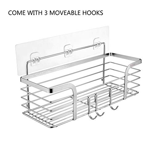 N+A Shower Caddy Kitchen Caddies Shelves Basket Bathroom Adhesive Storage Shelf No Drilling SUS304 Stainless Steel Toilet Shell with 3 Moveable Hooks for Hanging Razor Sponge