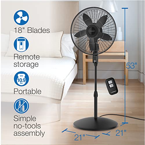 Lasko S18440 Performance 18-inch Oscillating Pedestal Standing Floor Fan with Remote Control and Adjustable Stand for Indoor, Bedroom, Living Room, Home Office & College Dorm Use β Black