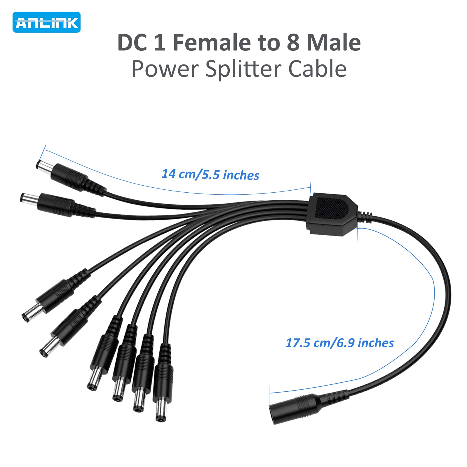 ANLINK 2Pack DC 1 Female to 8 Male 5.5mm*2.1mm Output Power Splitter Cable, 1 to 8 Way Y Splitter Adapter Wire for CCTV Security Cameras, Router, LED Light Strip and More (2 Pack,8 Way)