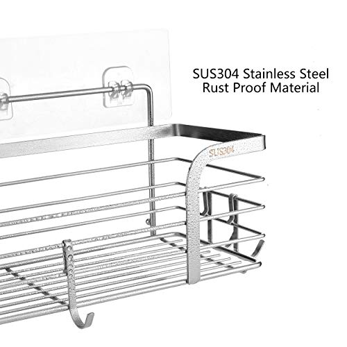 N+A Shower Caddy Kitchen Caddies Shelves Basket Bathroom Adhesive Storage Shelf No Drilling SUS304 Stainless Steel Toilet Shell with 3 Moveable Hooks for Hanging Razor Sponge