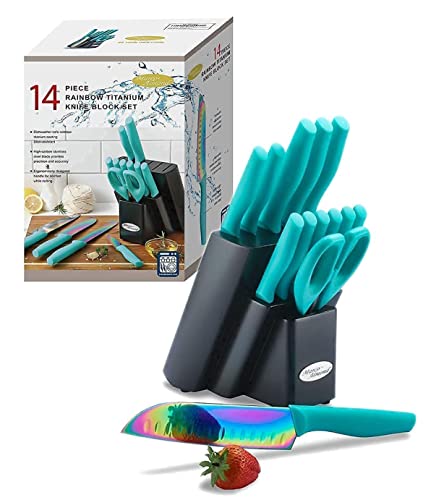 DISHWASHER SAFE Rainbow Titanium Cutlery Knife Set Kitchen Knives Sets Plug Rainbow Titanium Colorful Kitchen Utensils Set Stainless Steel Utensil Set - 6 Cooking Utensils