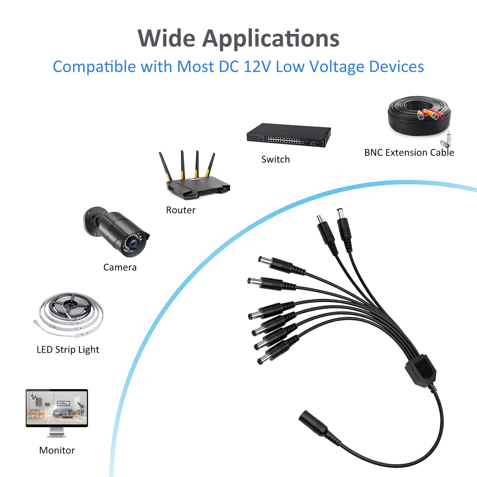 ANLINK 2Pack DC 1 Female to 8 Male 5.5mm*2.1mm Output Power Splitter Cable, 1 to 8 Way Y Splitter Adapter Wire for CCTV Security Cameras, Router, LED Light Strip and More (2 Pack,8 Way)