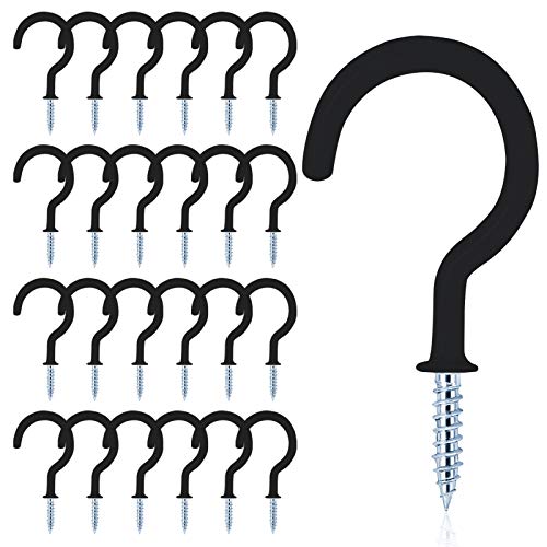 MJIYA 24 PCS Vinyl Coated Ceiling Hooks Question Mark Shape Hook Heavy Duty Screw Cup Hook for Bathroom Kitchen Wall Ceiling Hanging (Black, 1 Inch)