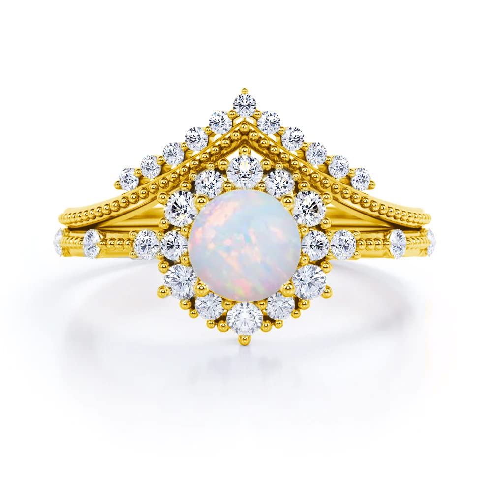 Opal Engagement Ring for Women Bridal Sets 1.35ct Opal and Moissanite Engagement Ring Set 10K White/Rose Gold Wedding Ring Set Opal Birthstone Anniversary Ring Free Engraved