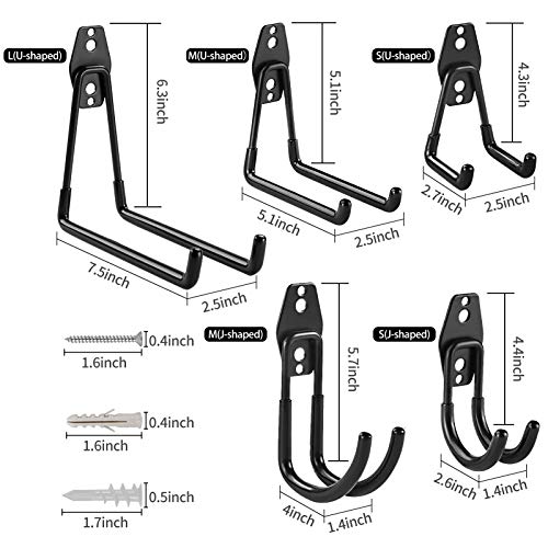 LIIBOT Bike Wall Garage Hooks - 2 Pack Heavy Duty Steel Anti-Slip Tool Double Hangers for Bike Garden Tools Ladders Bulky Items Storage (M (U-Shaped), Black)