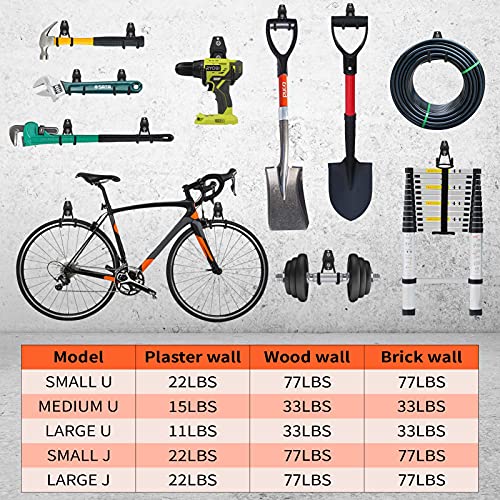 LIIBOT Bike Wall Garage Hooks - 2 Pack Heavy Duty Steel Anti-Slip Tool Double Hangers for Bike Garden Tools Ladders Bulky Items Storage (M (U-Shaped), Black)