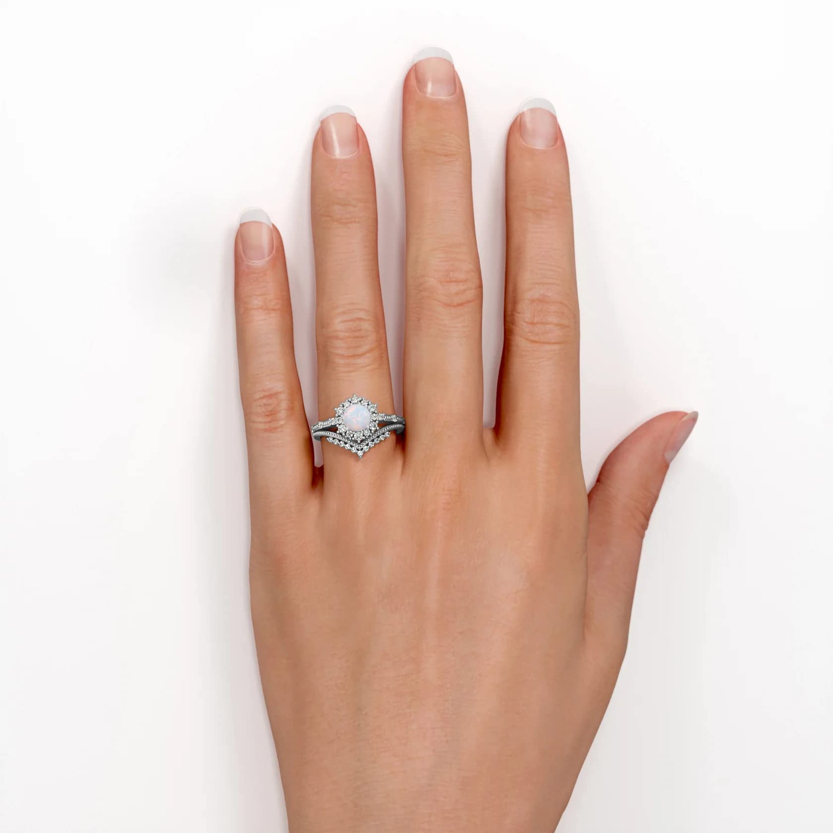Opal Engagement Ring for Women Bridal Sets 1.35ct Opal and Moissanite Engagement Ring Set 10K White/Rose Gold Wedding Ring Set Opal Birthstone Anniversary Ring Free Engraved