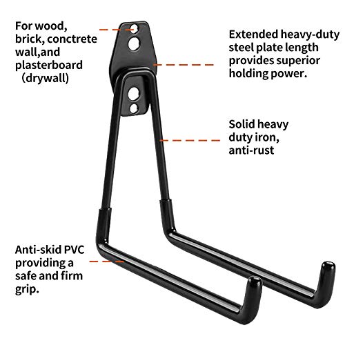 LIIBOT Bike Wall Garage Hooks - 2 Pack Heavy Duty Steel Anti-Slip Tool Double Hangers for Bike Garden Tools Ladders Bulky Items Storage (M (U-Shaped), Black)