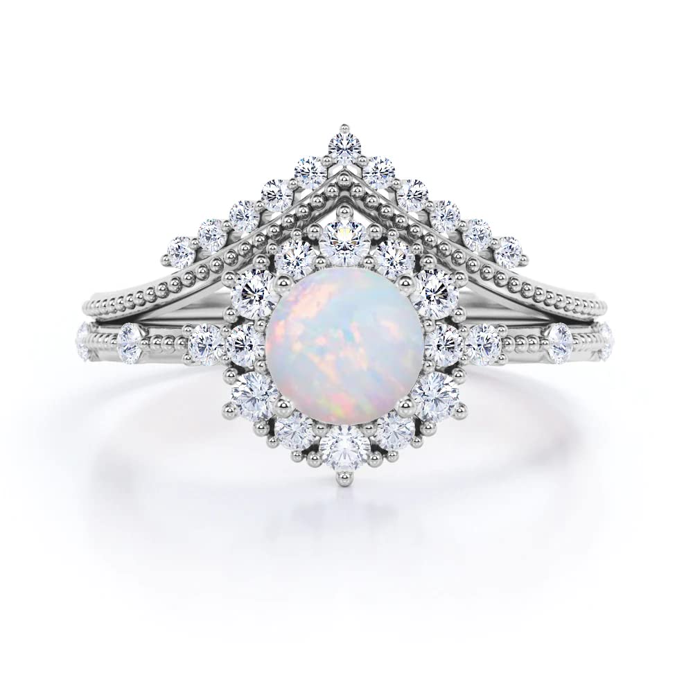 Opal Engagement Ring for Women Bridal Sets 1.35ct Opal and Moissanite Engagement Ring Set 10K White/Rose Gold Wedding Ring Set Opal Birthstone Anniversary Ring Free Engraved