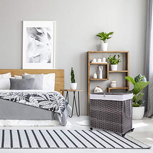Crehomfy Laundry Hamper with Wheel and Removable Liner Bag, 130L Synthetic Rattan Wicker Handwoven Laundry Basket with Lid and Handle, 3 Section Divided Dirty Clothes Hamper for Laundry Bedroom Gray
