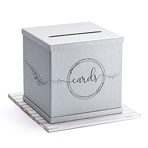 Hayley Cherie - Silver Gift Card Box with Black Foil Design- Textured Finish - Large Size 10" x 10" - For Wedding Receptions, Bridal & Baby Showers, Birthdays, Graduations, Funerals, Money