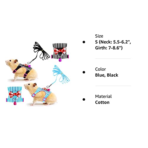 2 Pieces Hamster Harness and Leash Set for Walking, Small Guinea Pig Clothes with Bowknot Bell, No Pulling Comfort Padded Vest Striped for Guinea Pig Hamster Ferret, Small Animals (Blue, Black,S)