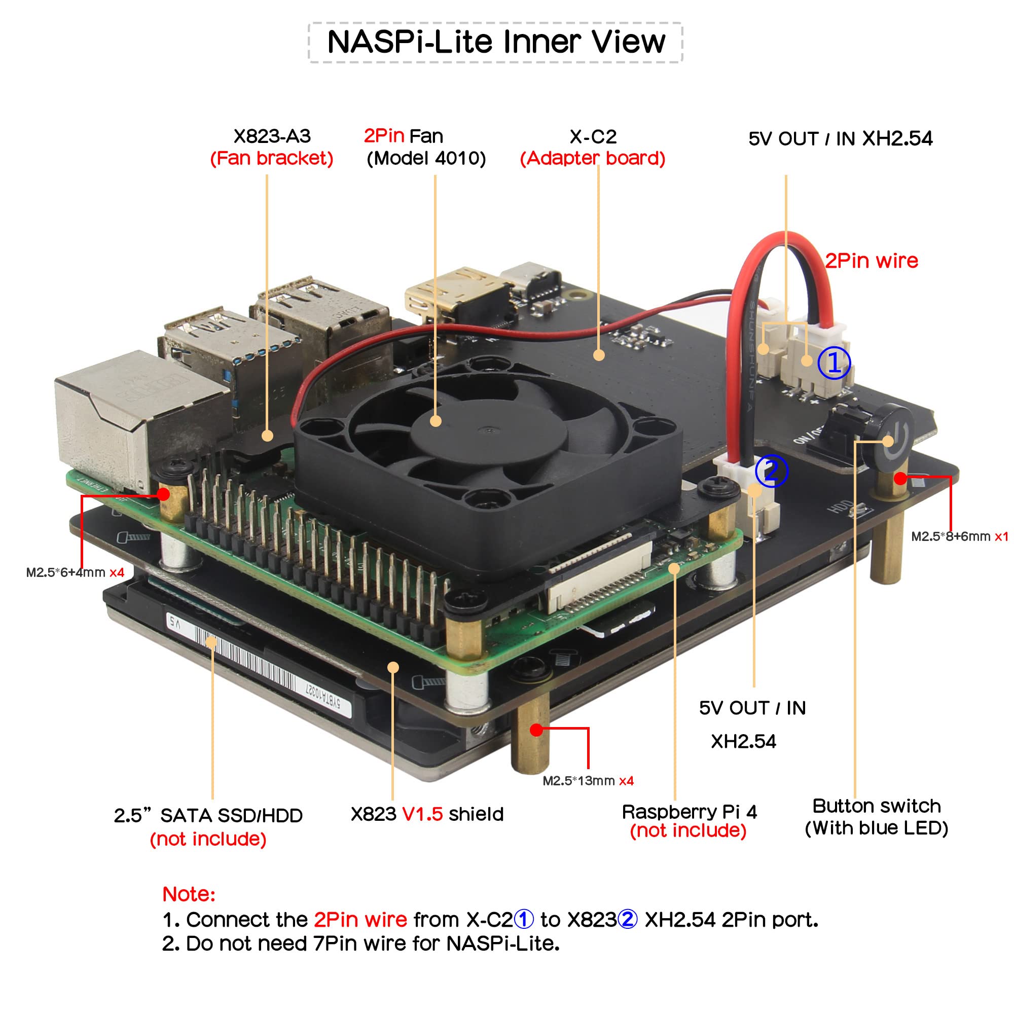 Geekworm NASPi-Lite 2.5 inch SATA HDD/SSD NAS Storage Kit for Raspberry Pi 4 Model B(Not Include Raspberry Pi 4)