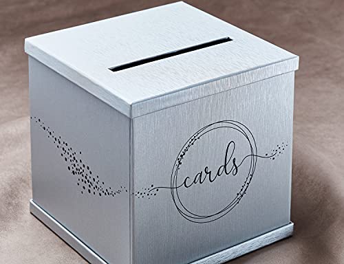Hayley Cherie - Silver Gift Card Box with Black Foil Design- Textured Finish - Large Size 10" x 10" - For Wedding Receptions, Bridal & Baby Showers, Birthdays, Graduations, Funerals, Money