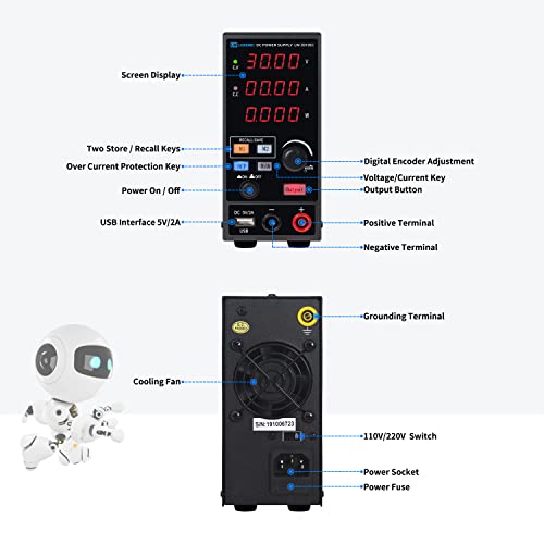 Programmable 30V/10A DC Power Supply Variable, Adjustable Switching Regulated Power Supply with 4-Digit Large Display Alligator Leads, 5V/2A USB Interface,2 Groups of Internal Memories.