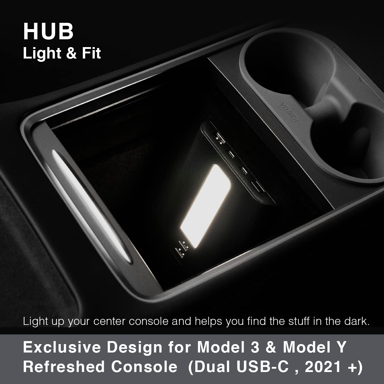 JOWUA USB hub with LED Light Compatible for 2021-2023 Tesla Model Y & Model 3 with Dual USB-C Ports
