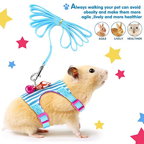 2 Pieces Hamster Harness and Leash Set for Walking, Small Guinea Pig Clothes with Bowknot Bell, No Pulling Comfort Padded Vest Striped for Guinea Pig Hamster Ferret, Small Animals (Blue, Black,S)