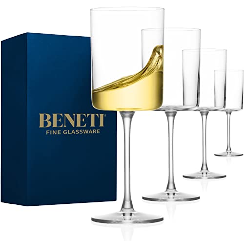 BENETI Large Square Wine Glass Set of 4-14 oz European-Made Hand Blown Glass White Wine Goblets w/Laser-Cut Rim, Dishwasher-Safe Crystal Clear Red Wine Glass Gift Set