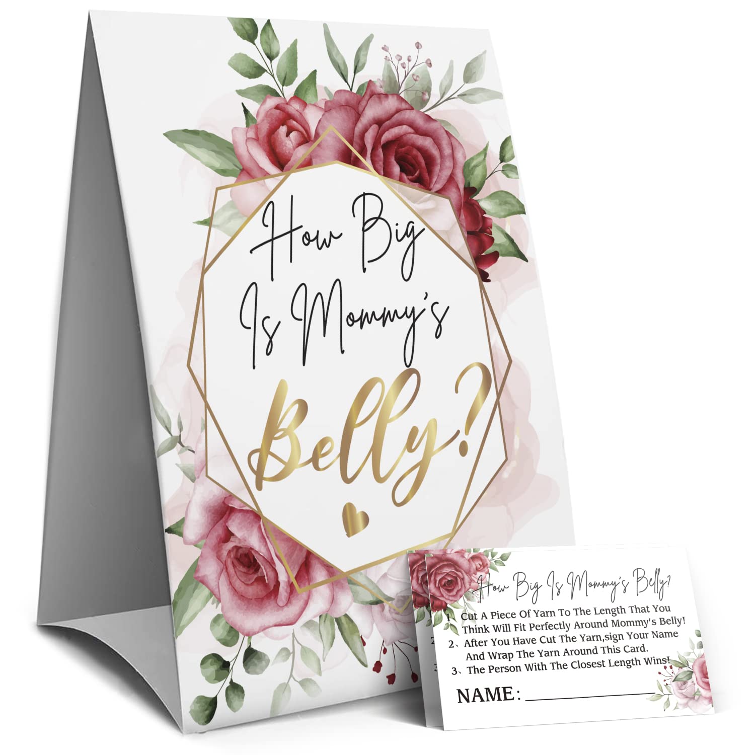 Measure Mommy's Belly Sign, Baby Shower Sign, Measure the Baby Bump How Big is Moms Belly -1 Sign and 50 Guessing Cards(7B)