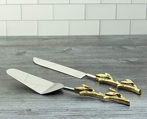 2 Piece leaf (twig) Cake Server Cake Knife and Serving Spatula Set Gold Leaf Design, Stainless Steel and Brass Two Tone Ideal for Weddings, Party's, Elegant Events (Gold)