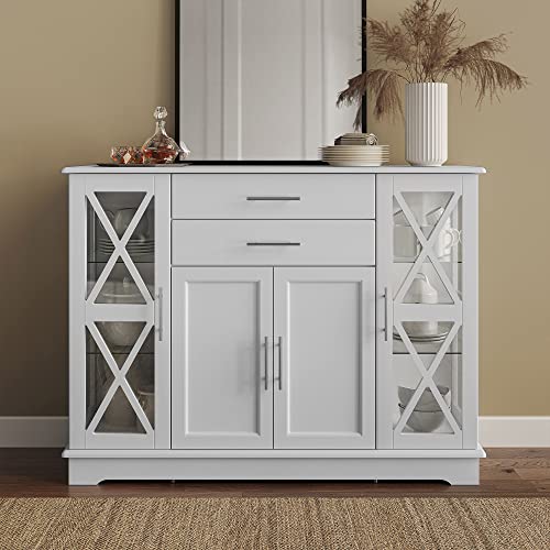 BELLEZE Sideboard Buffet Cabinet, 47 Inch Storage Cabinet Console Table Coffee Bar Cabinet Kitchen Cupboard Pantry Cabinet Glass Display Cabinet for Lving Room Entryway Dining Room, White