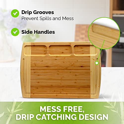Greener Chef Organic Bamboo Cutting Board for Kitchen with Built-In Compartments and Juice Groove - Wooden Chopping Board for Meat, Cheese Charcuterie Board with Handles, (Medium and XL)
