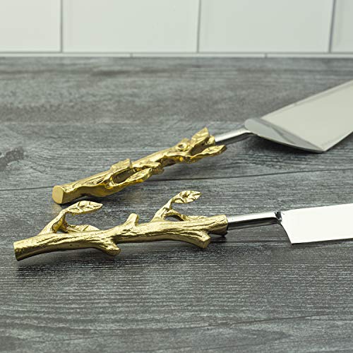 2 Piece leaf (twig) Cake Server Cake Knife and Serving Spatula Set Gold Leaf Design, Stainless Steel and Brass Two Tone Ideal for Weddings, Party's, Elegant Events (Gold)