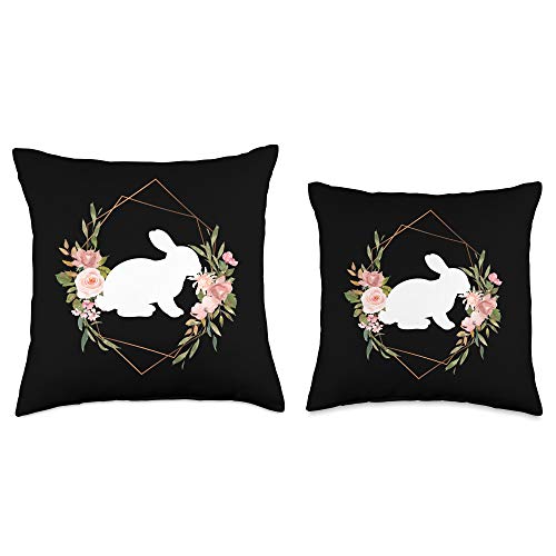 Floral Bohemian Pink Rose Flower Gift Women Girls Rabbit Cottontail Bunny Hare Cute Black White Throw Pillow, 18x18, Multicolor