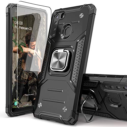 IDYStar Galaxy A21 Case with Screen Protector,Galaxy A21 Case,Shock Absorption Heavy Duty Drop Test Slim Cover with Car Mount Kickstand Lightweight Protective Phone Case for Samsung Galaxy A21, Black