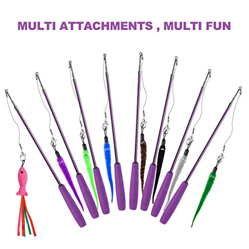 11 Pack Cat Toys Interactive Cat Feather Toys, 2 Retractable Cat Toy Wand, Variety 7 Worms and 1 Catnip Fish Teaser Refills with Bells, Kitten Toys Assortments Fun for Indoor Cats, 1 Replacement Line