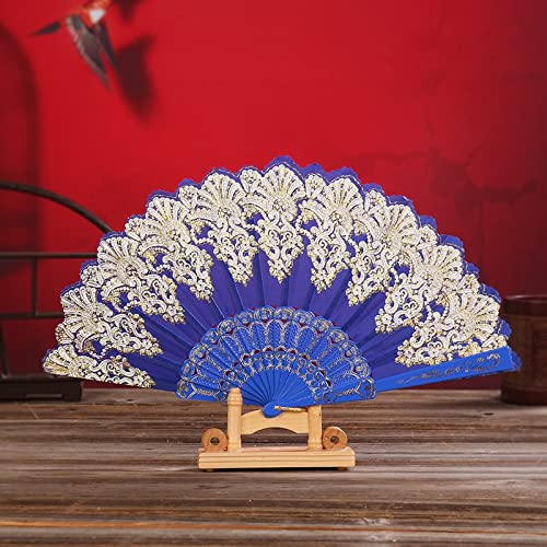 RAZZUM Decorative Folding Fans Luxury Fashion Folding Fan Flower Lace Silk Wedding Dance Party Stage Performance Decoration Fashion Hot Stamping Hand Held Fan Fan (Color : Deep Blue)