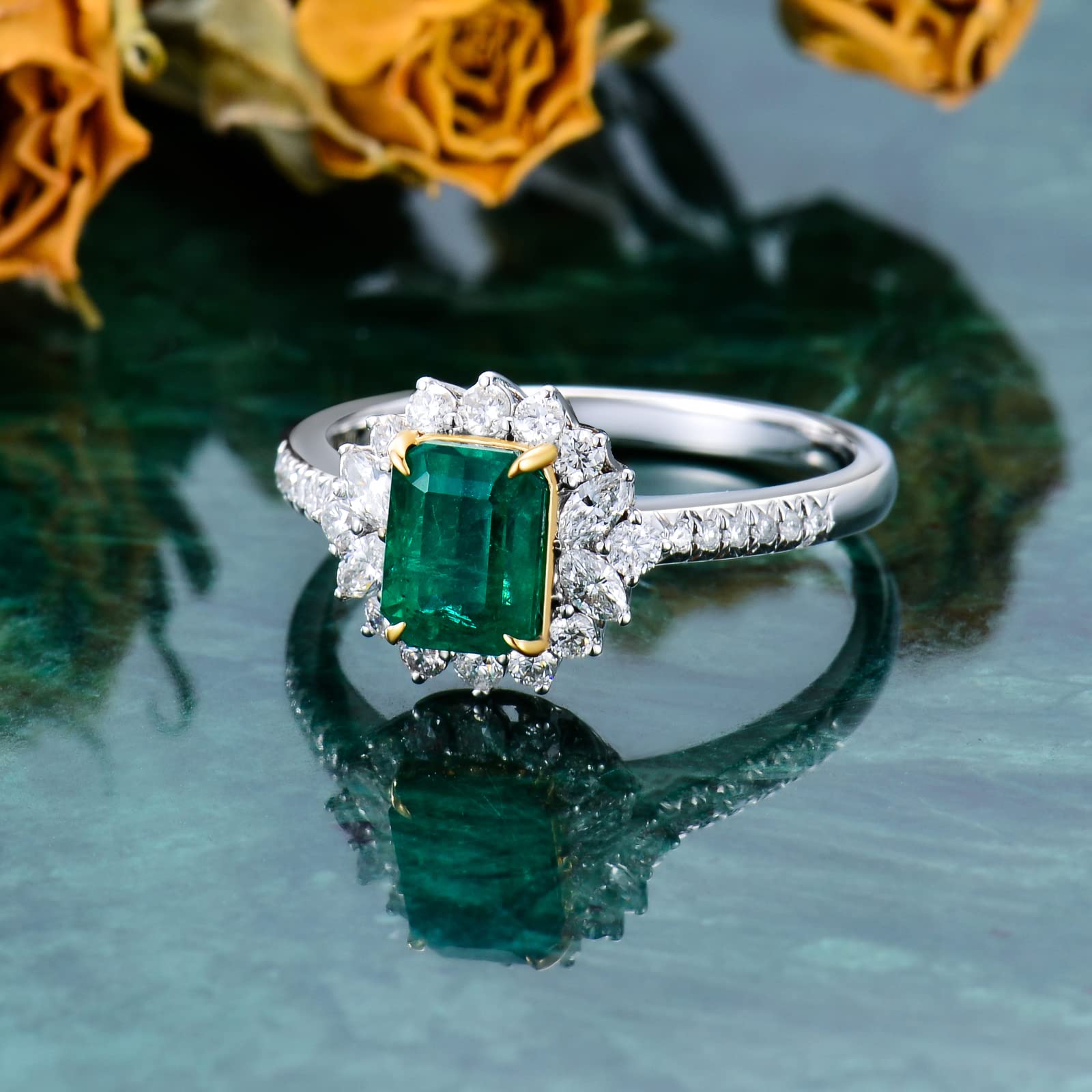 MOLICACI 18K Solid White Gold 1.1 CT Natural Green Emerald Rings with Natural Diamonds, Certified Gemstone Engagement Wedding Rings for Women, US Size 9