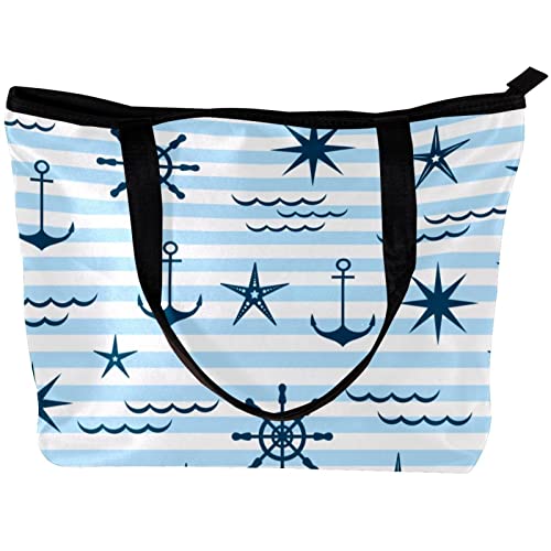 Women's Large Size Canvas Shoulder Bag Hobo Crossbody Handbag Casual Tote, Navy Blue Anchor Marine Striped Cartoon