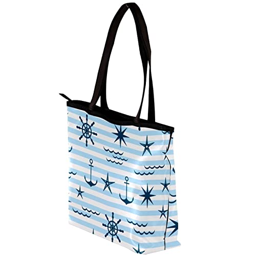Women's Large Size Canvas Shoulder Bag Hobo Crossbody Handbag Casual Tote, Navy Blue Anchor Marine Striped Cartoon