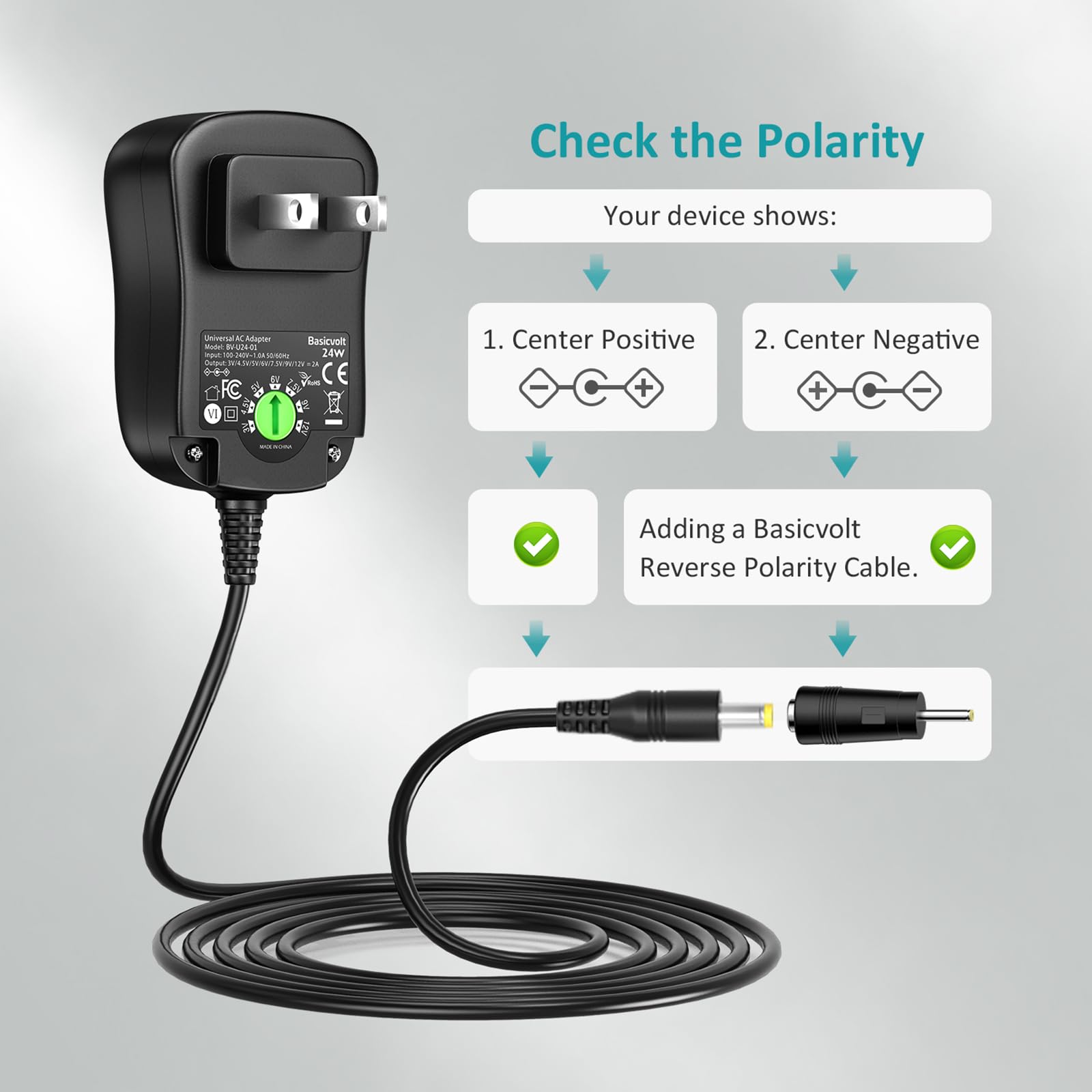 Basicvolt Universal AC/DC Adapter Multi-Voltage Regulated Switching Power Supply with 11 Selectable DC Plugs for 3V 4.5V 5V 6V 7.5V 9V 12V Household Electronics 2.0A 24Watt Max