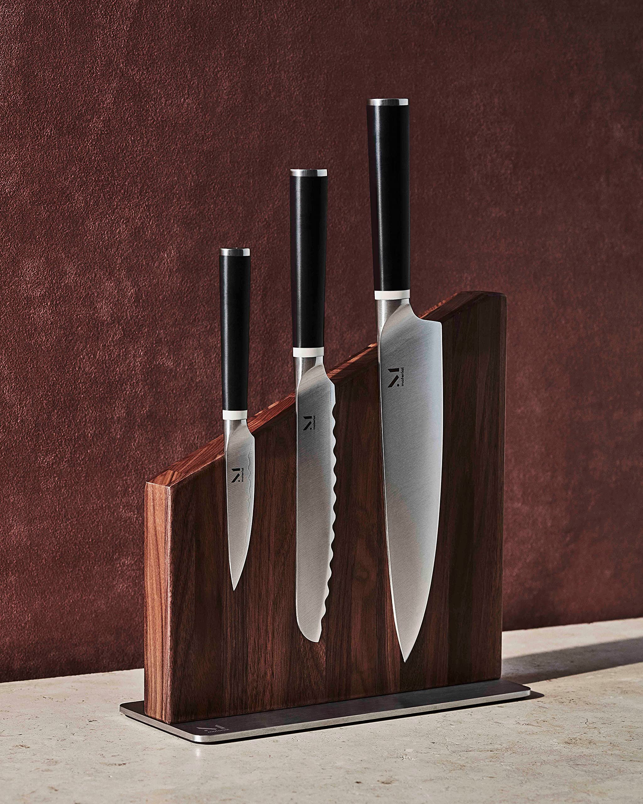 Material - Magnetic Knife Block Set - Kitchen Knife Set - Knife Block, 8" Chef Knife, 6" Serrated Bread Knife, 4" Paring Knife, Walnut/Almost Black