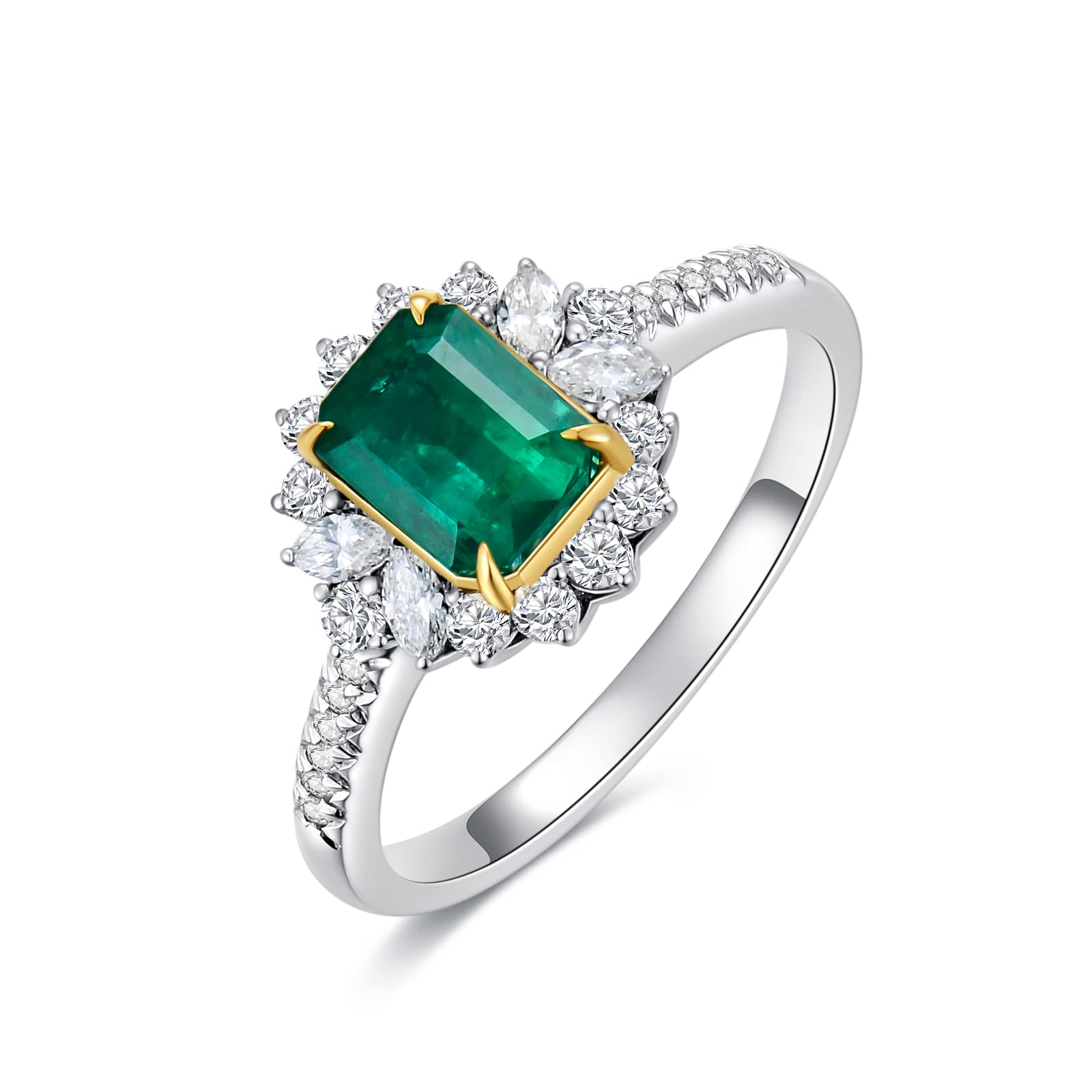 MOLICACI 18K Solid White Gold 1.1 CT Natural Green Emerald Rings with Natural Diamonds, Certified Gemstone Engagement Wedding Rings for Women, US Size 9