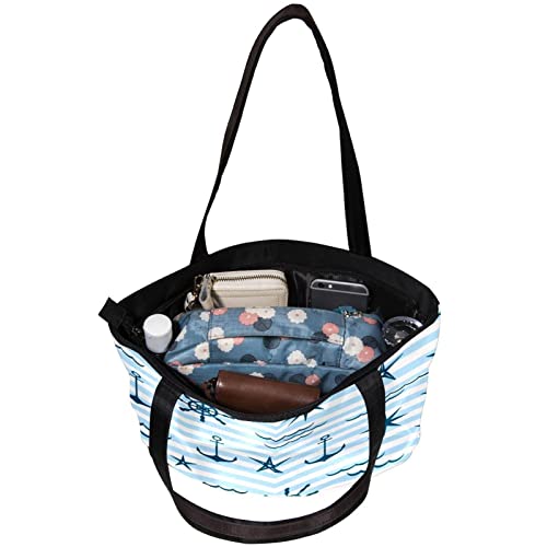 Women's Large Size Canvas Shoulder Bag Hobo Crossbody Handbag Casual Tote, Navy Blue Anchor Marine Striped Cartoon