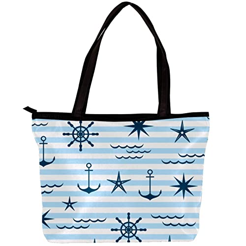 Women's Large Size Canvas Shoulder Bag Hobo Crossbody Handbag Casual Tote, Navy Blue Anchor Marine Striped Cartoon