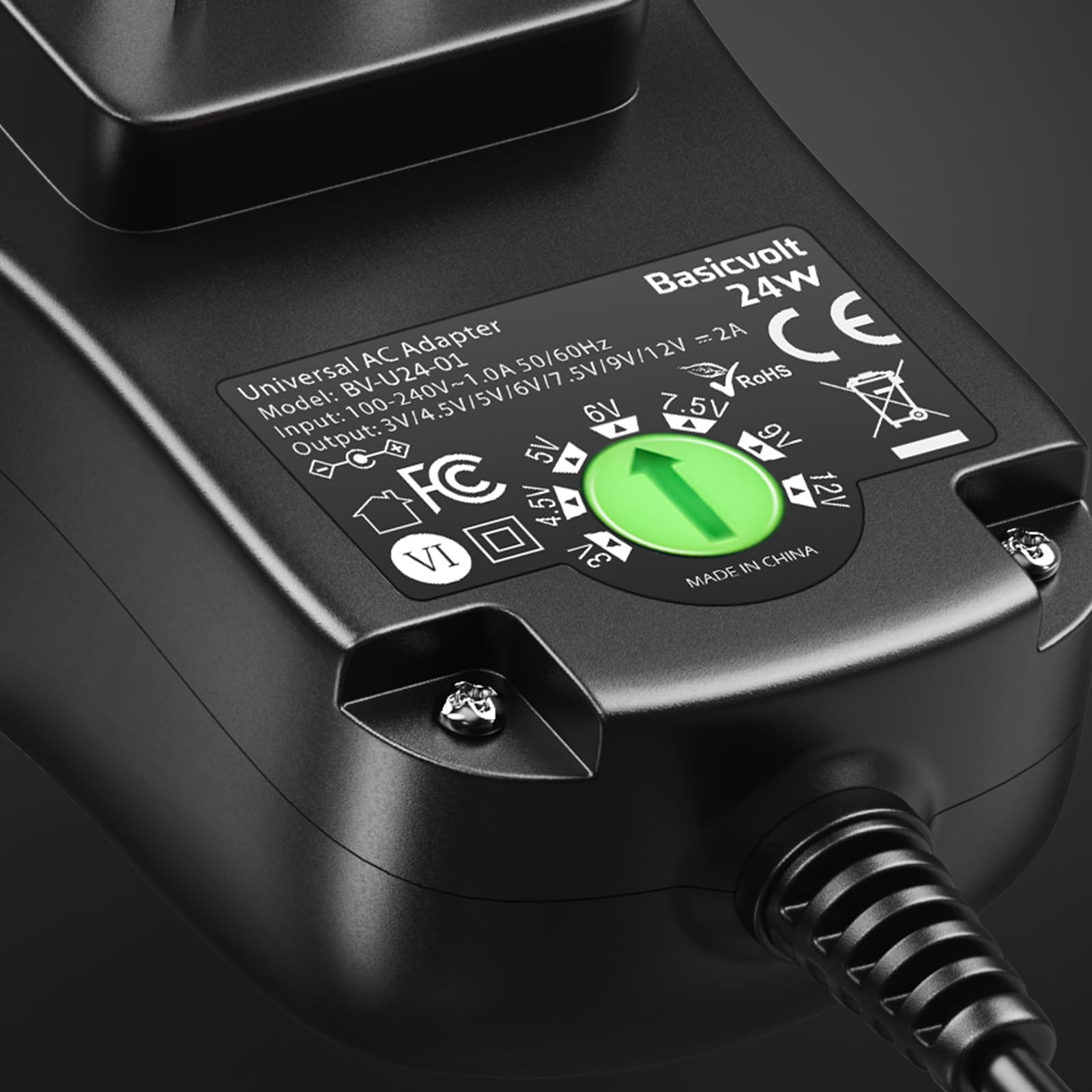 Basicvolt Universal AC/DC Adapter Multi-Voltage Regulated Switching Power Supply with 11 Selectable DC Plugs for 3V 4.5V 5V 6V 7.5V 9V 12V Household Electronics 2.0A 24Watt Max