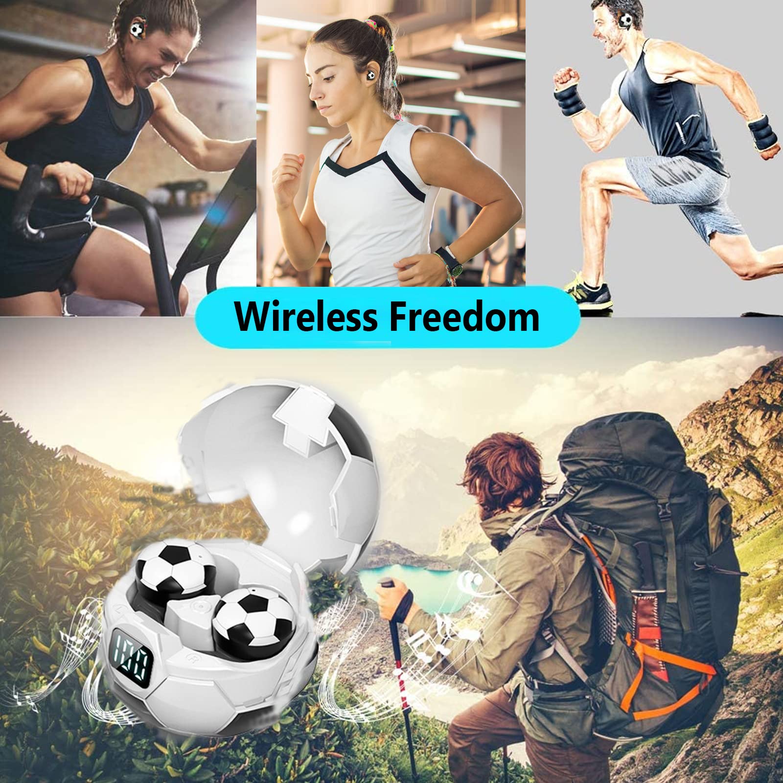 N/0 Soccer Bluetooth 5.1 Wireless Earbuds Sport Headphones IPX7 Waterproof Earbuds Headset with Charging Case Hands-Free Calling Deep Bass Stereo Ear Buds Noise Cancelling Earphones for Gym Running