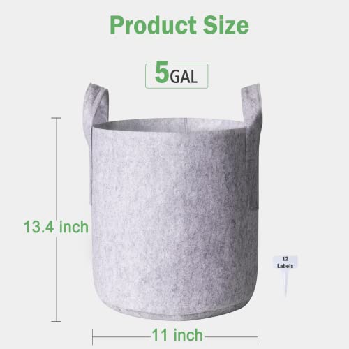 DECORLIFE 12-Pack Grow Bags, 5 Gallon Thickened Nonwoven Fabric Pots with Handles, Grey, Come with Plant Labels