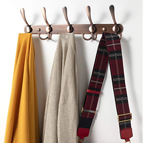 Coat Rack Wall Mounted, Coat Hanger Wall 5 Tri Hooks Heavy Duty Stainless Steel Coat Hook Rail for Coats Towels Purse Robes Keys and Hats(Copper)