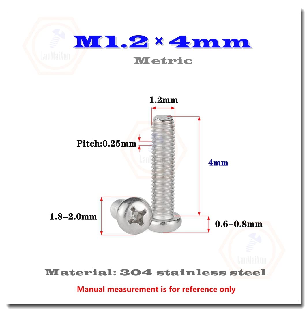 100pcs M1.2×4mm Machine Screws Pan Phillips Cross Head Screw 304 Stainless Steel Fasteners Bolts GB818