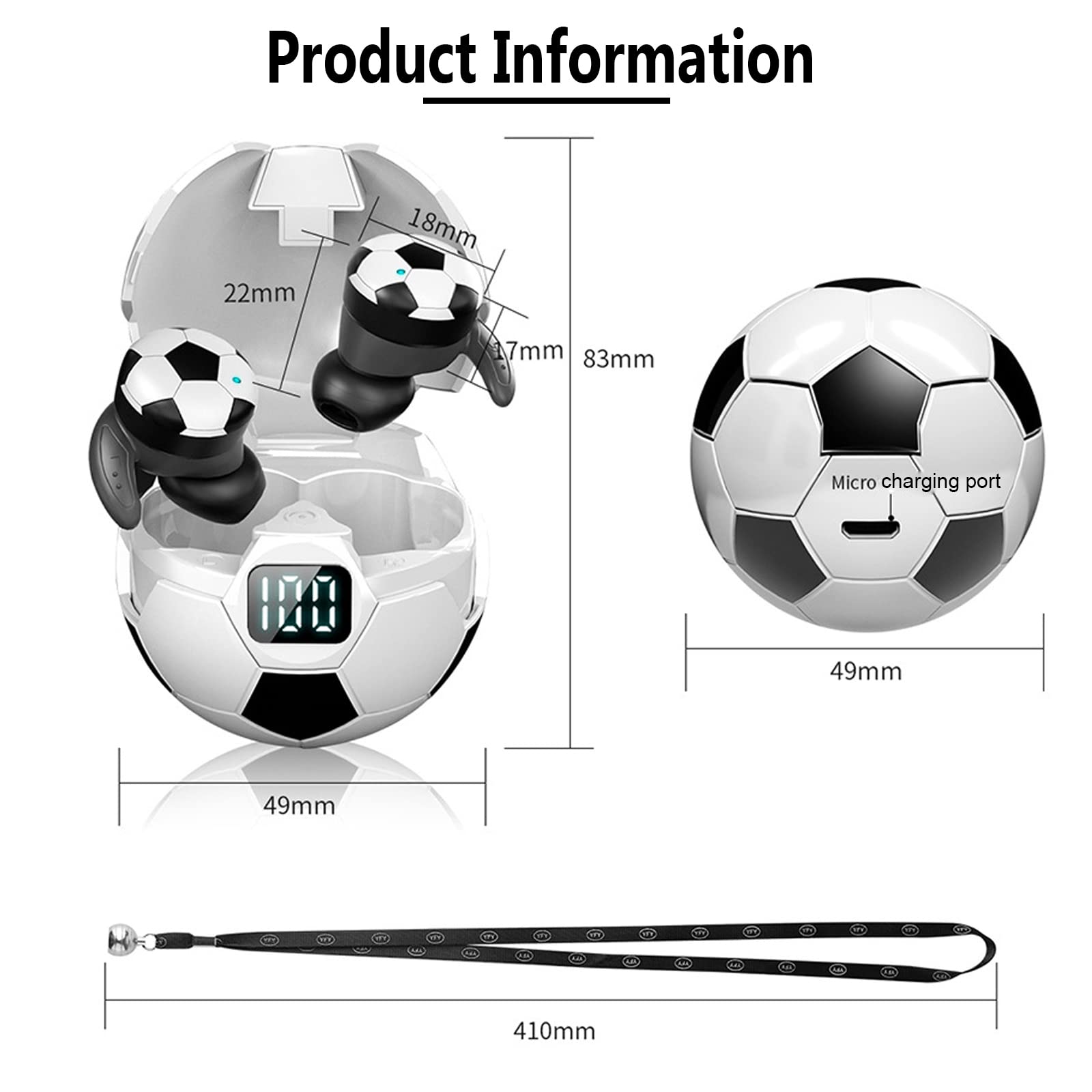 N/0 Soccer Bluetooth 5.1 Wireless Earbuds Sport Headphones IPX7 Waterproof Earbuds Headset with Charging Case Hands-Free Calling Deep Bass Stereo Ear Buds Noise Cancelling Earphones for Gym Running