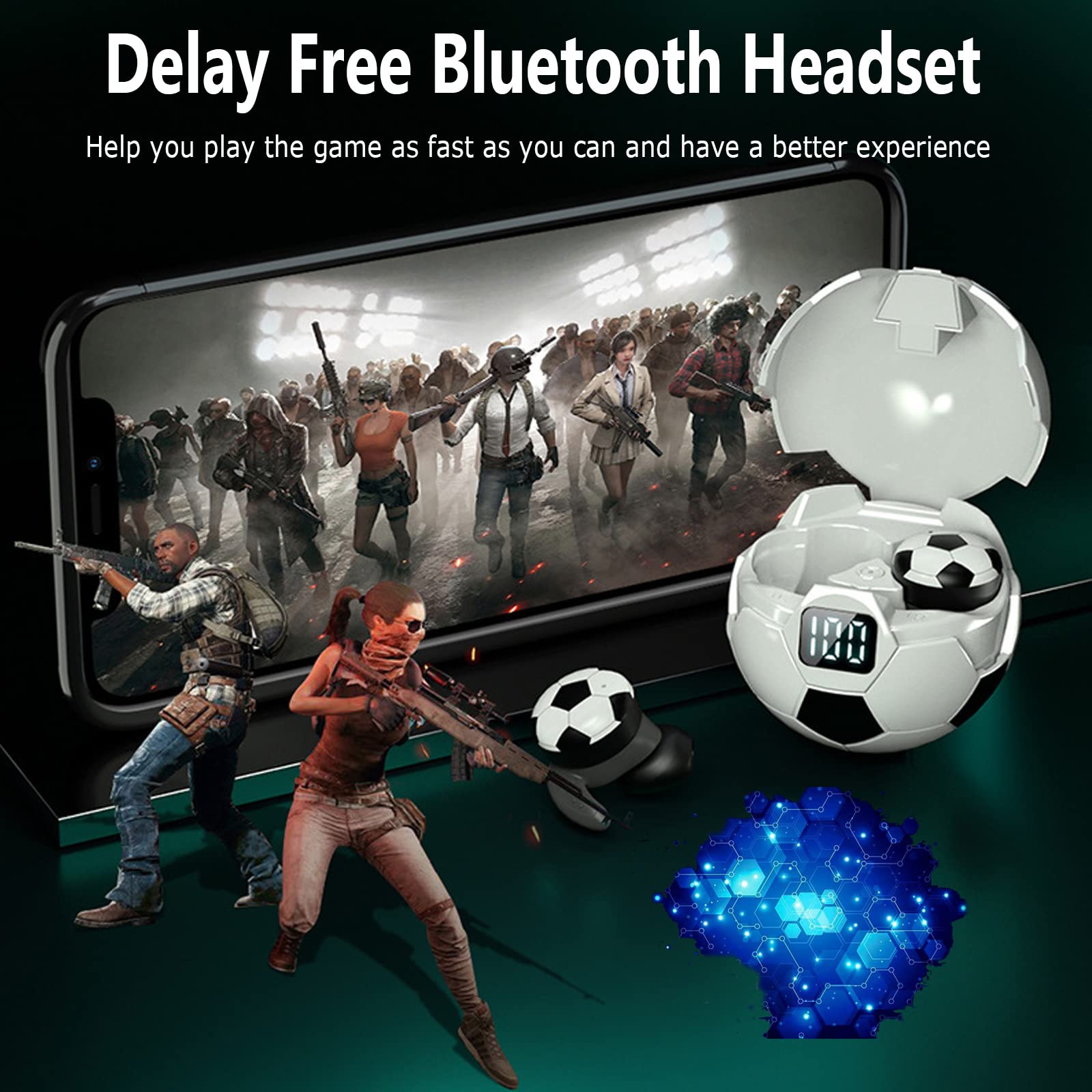 N/0 Soccer Bluetooth 5.1 Wireless Earbuds Sport Headphones IPX7 Waterproof Earbuds Headset with Charging Case Hands-Free Calling Deep Bass Stereo Ear Buds Noise Cancelling Earphones for Gym Running